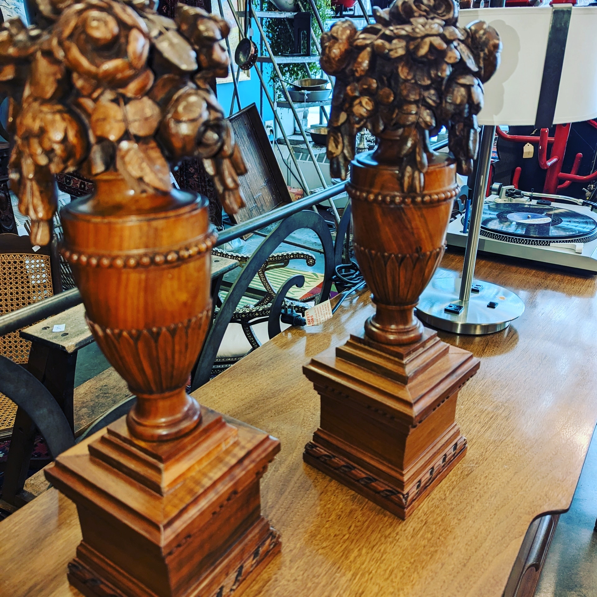 Beautiful Rare French hand carved urns with flowers. - Jeff's Warehouse